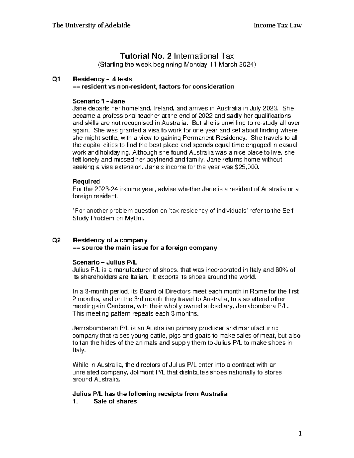Tutorial No 2 International Tax 2024 - The University of Adelaide ...