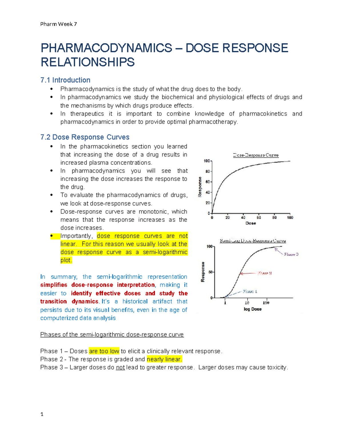 Module 7 Notes 2020 - ....... - PHARMACODYNAMICS – DOSE RESPONSE ...