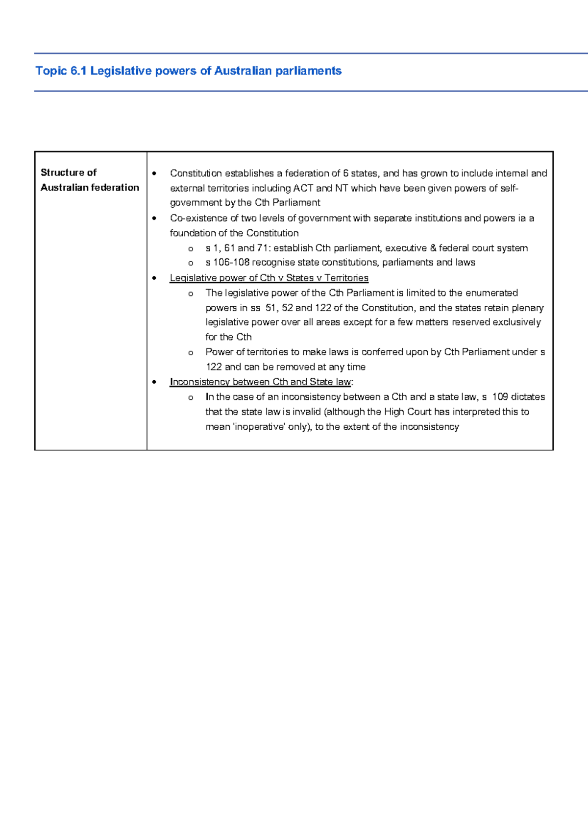 Public Law USYD Notes - Topic 6 Legislative powers of Australian ...