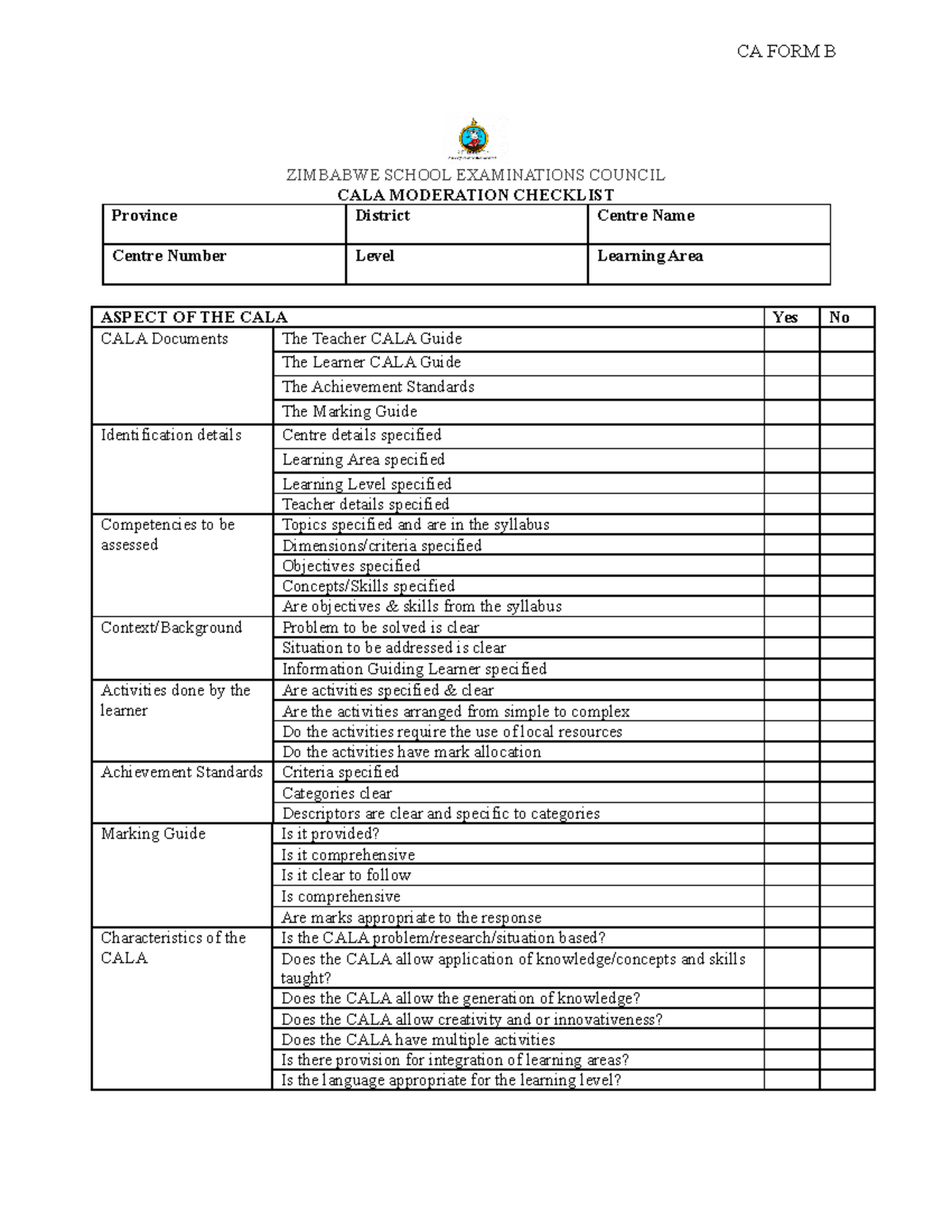 CALA Moderation Checklist - CA FORM B ZIMBABWE SCHOOL EXAMINATIONS ...
