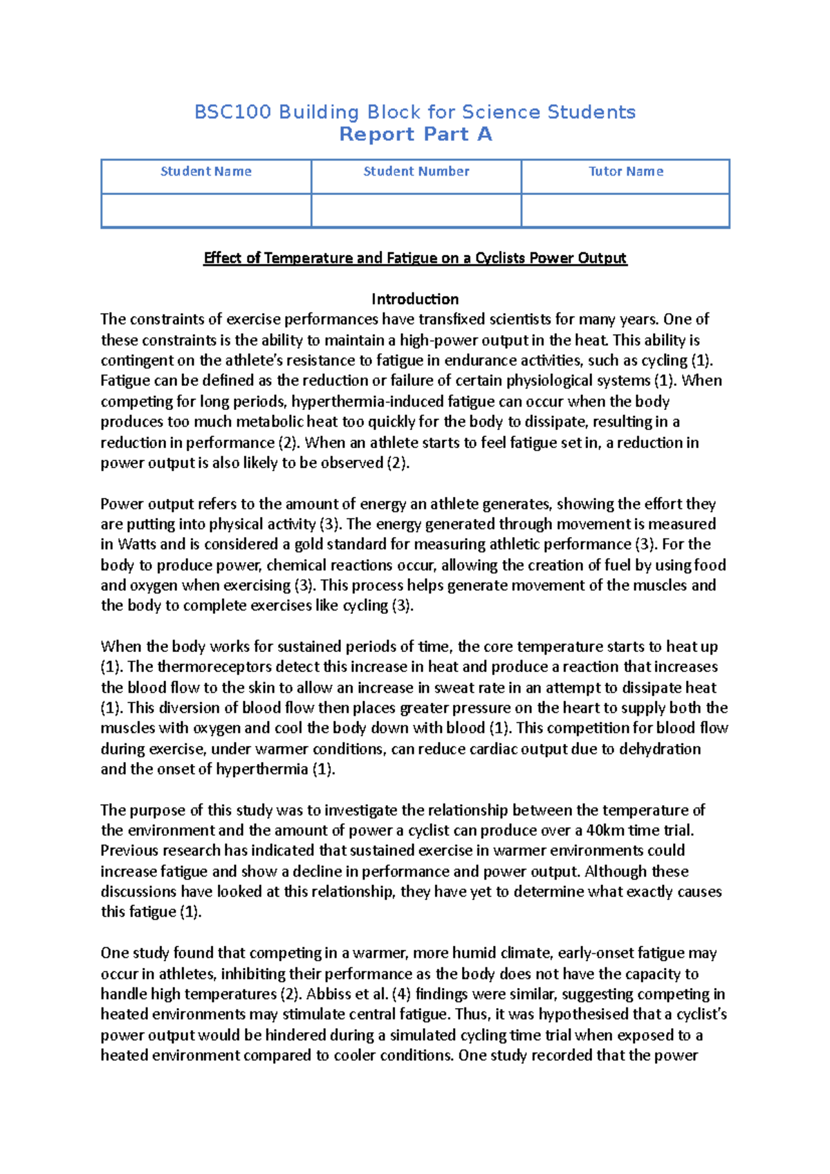 Report Part A - BSC 100 - Building Blocks for Science Students - BSC100 Building Block for ...