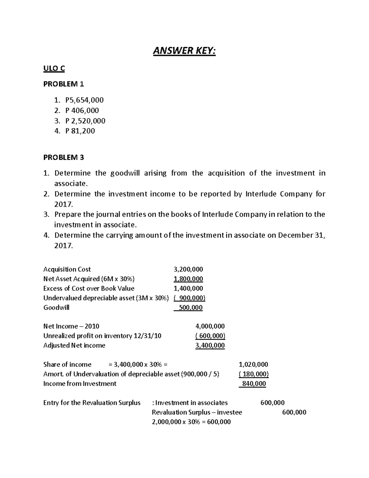 Answer KEY- WEEK 10-12 ULO C - ANSWER KEY: ULO C PROBLEM 1 1. P5,654, 2 ...