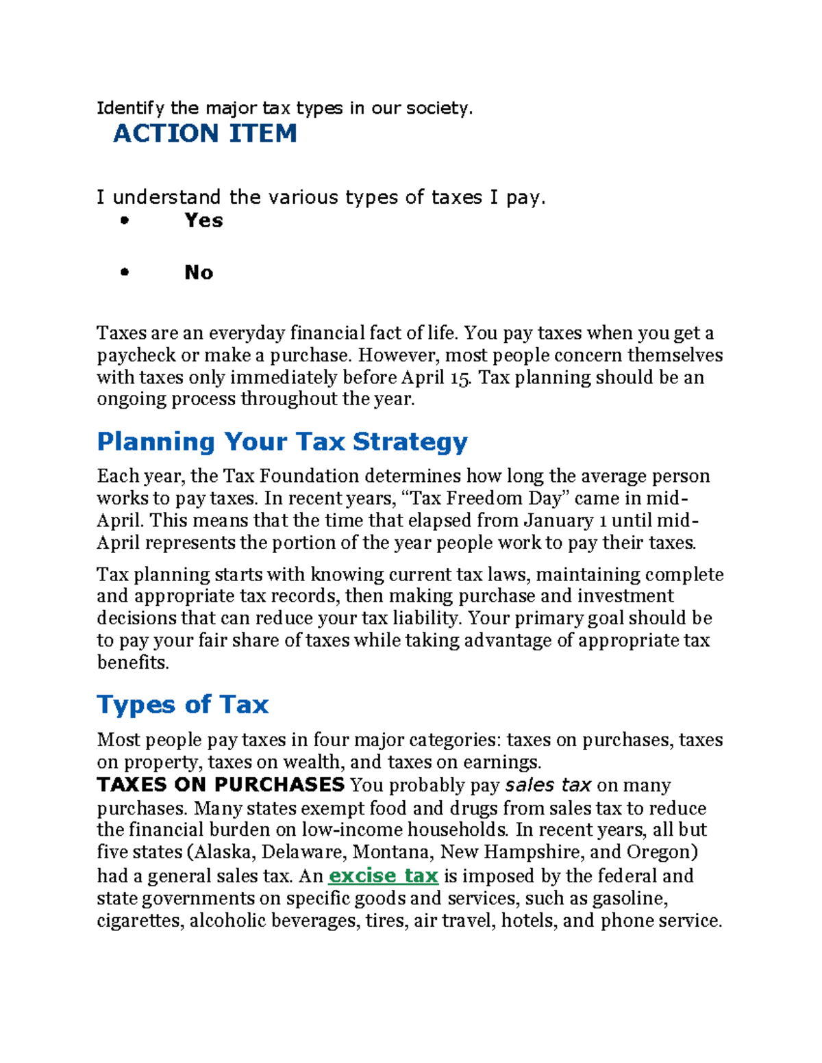 Taxes - notes - Identify the major tax types in our society. ACTION ...