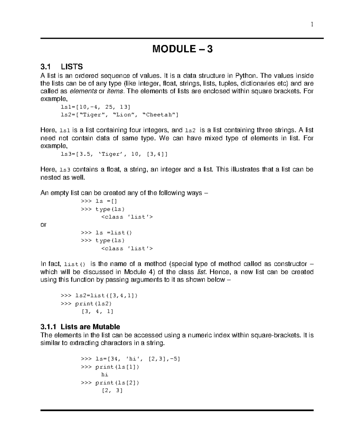 Python M3 Notes 2021 1 Module 3 3 Lists A List Is An Ordered Sequence Of Values It Is A 1246