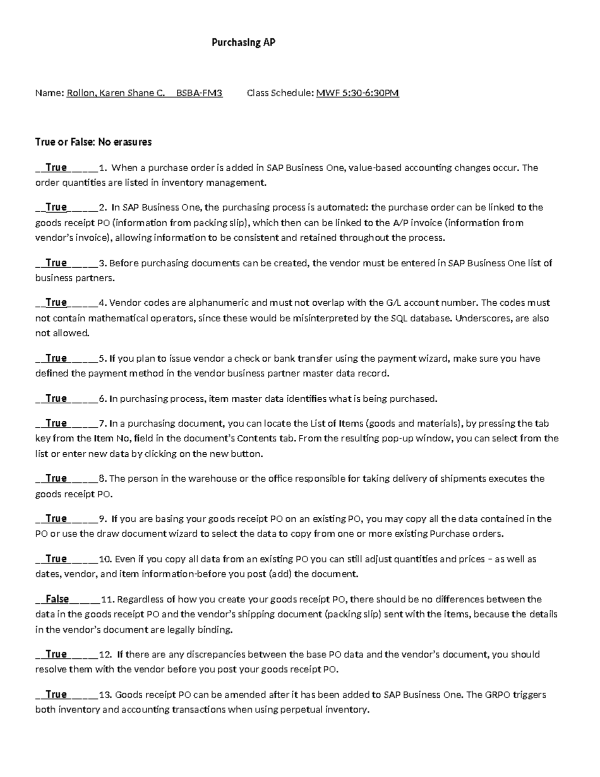 SAP- Midterm 2024 - Purchasing AP Name: Rollon, Karen Shane C. BSBA-FM3 ...