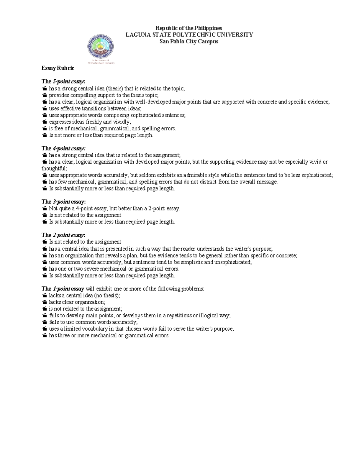 481619254 Essay Rubrics Republic Of The Philippines Laguna State