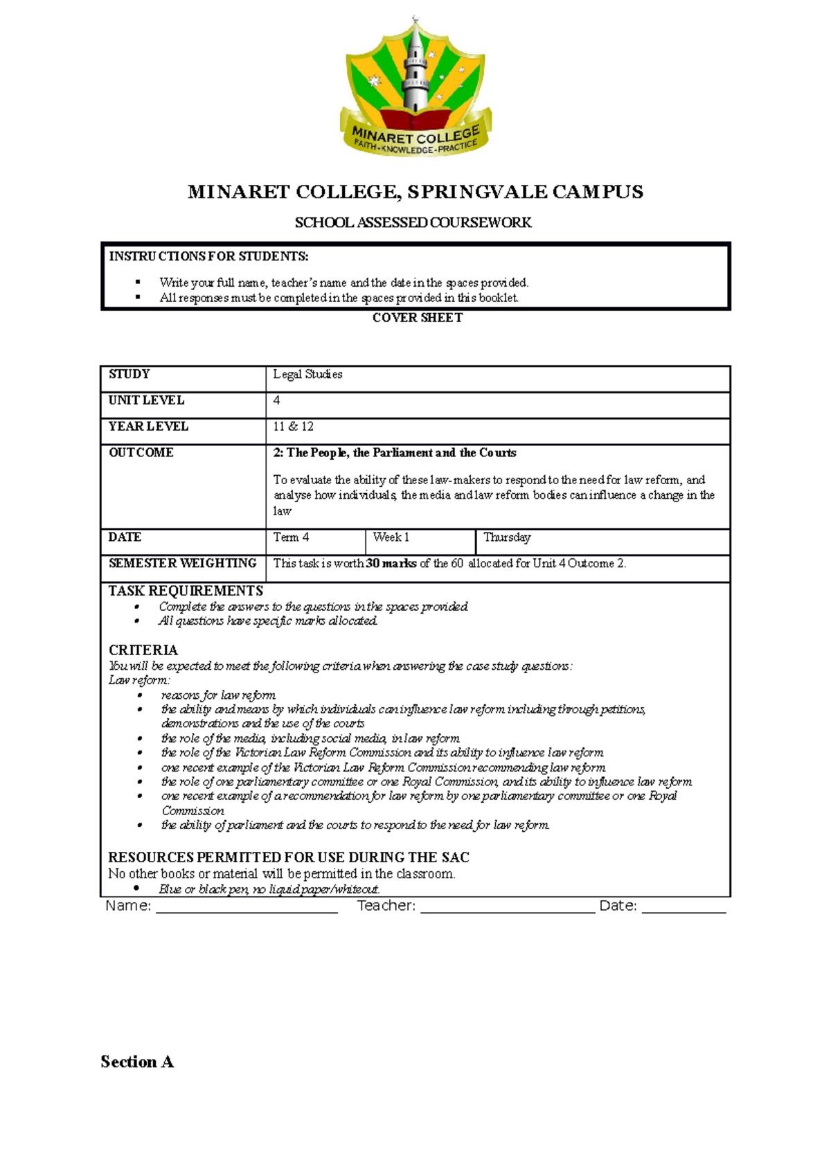 Unit 1 aos 3 yeah - MINARET COLLEGE, SPRINGVALE CAMPUS SCHOOL ASSESSED ...