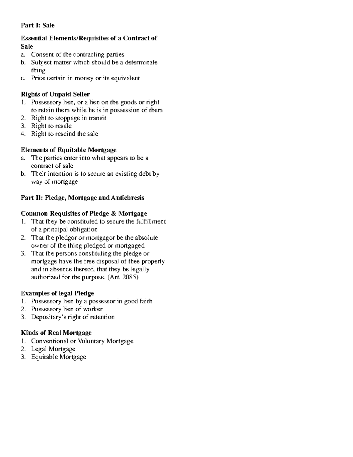 Law Reviewer (Enumeration) - Part I: Sale Essential Elements/Requisites ...