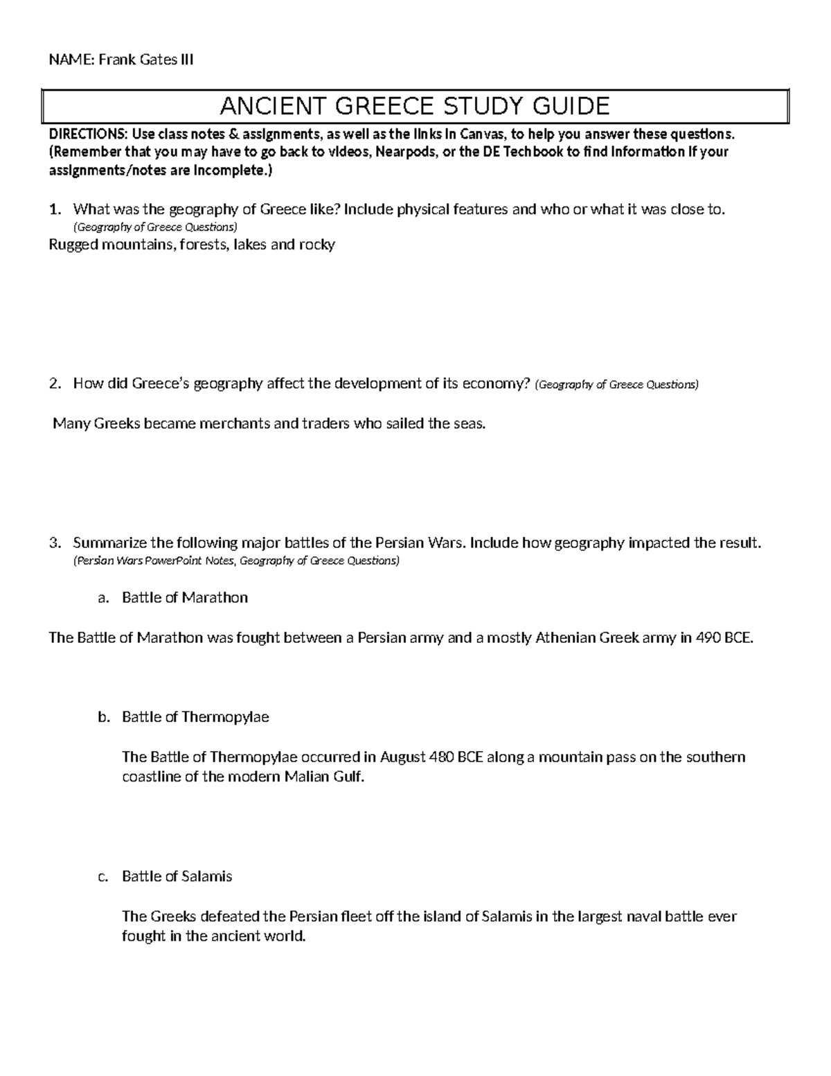 Ancient Greece Study Guide DE - NAME: Frank Gates III ANCIENT GREECE ...