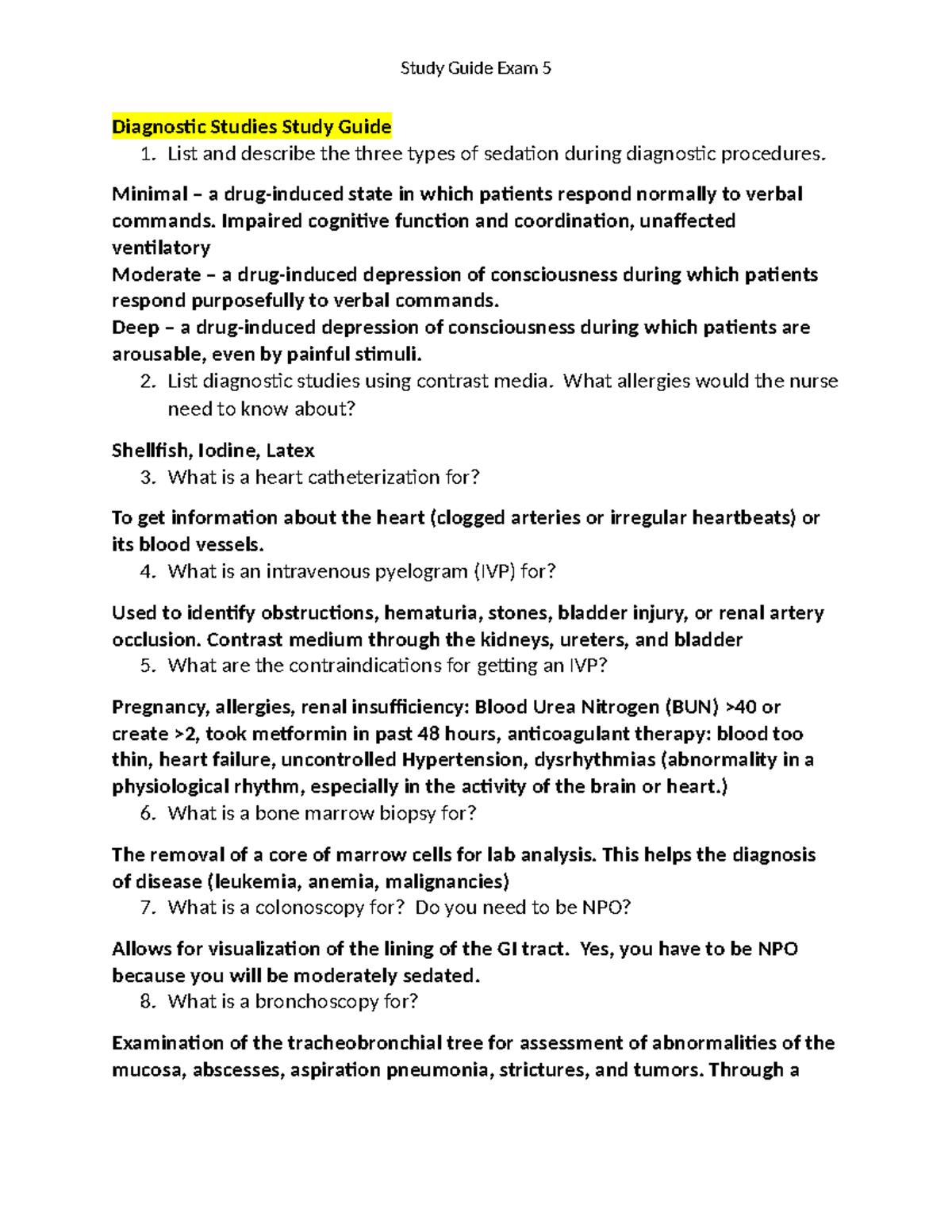 NUR1118 Exam 5 Study Guide - Diagnostic Studies Study Guide 1. List and ...