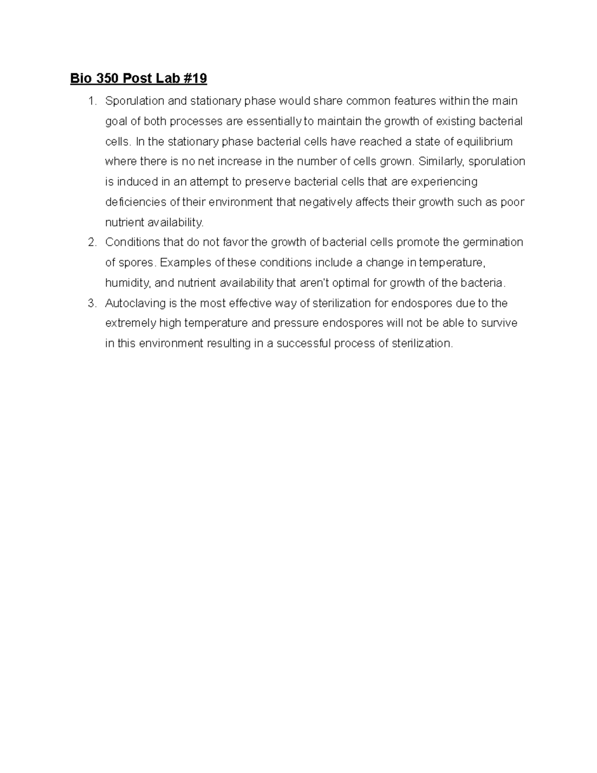 Bio 350 Post Lab #19 - Questions from the BIO 350 Lab Post Lab #19 ...