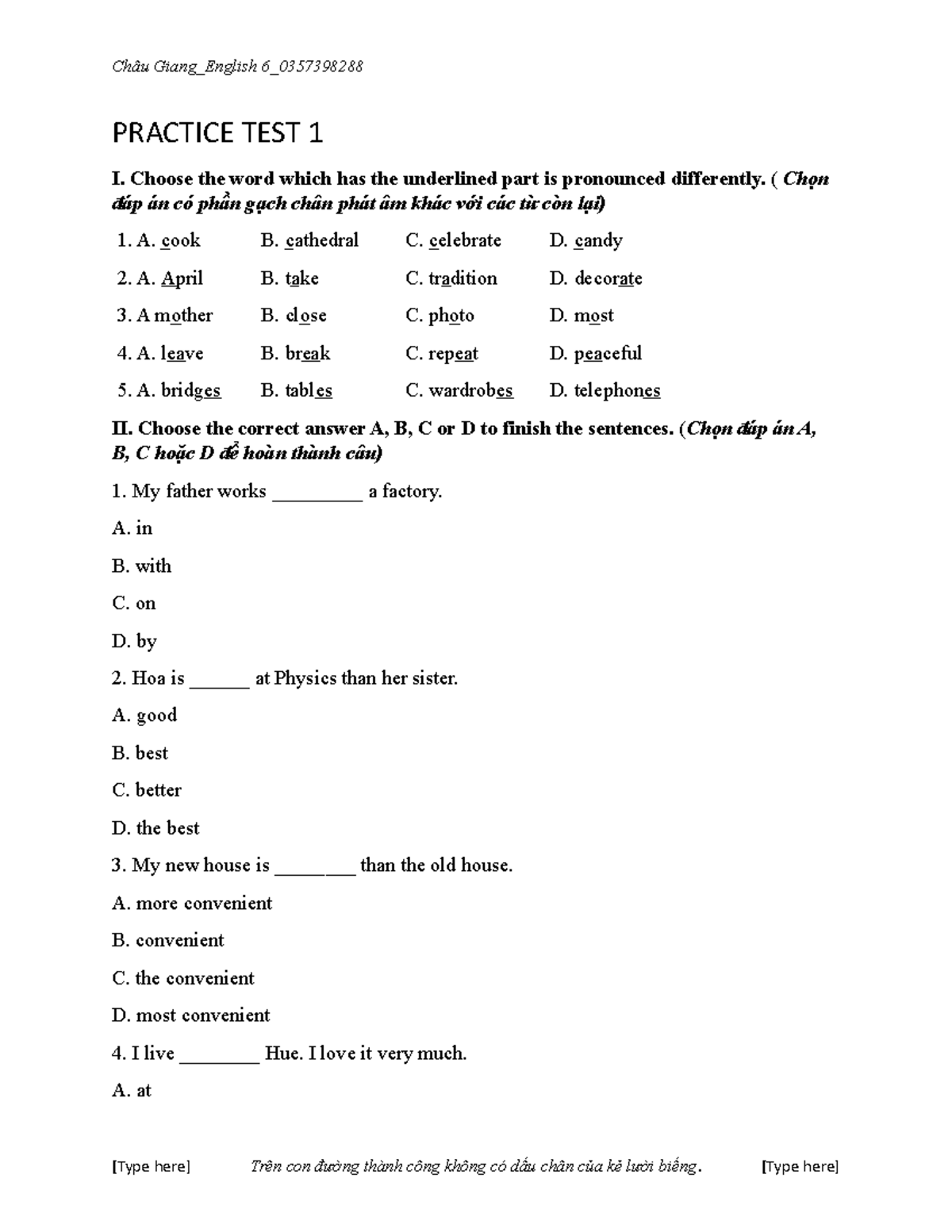 Practice Test 1 Test Final 6 Dfhefe hhiew Ch u Giang English 6