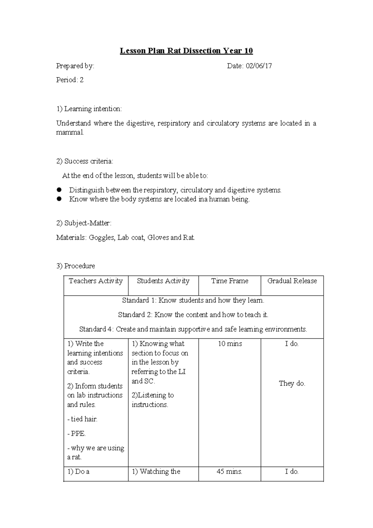2 Year 10 Rat Dissection 2 June - Lesson Plan Rat Dissection Year 10 ...
