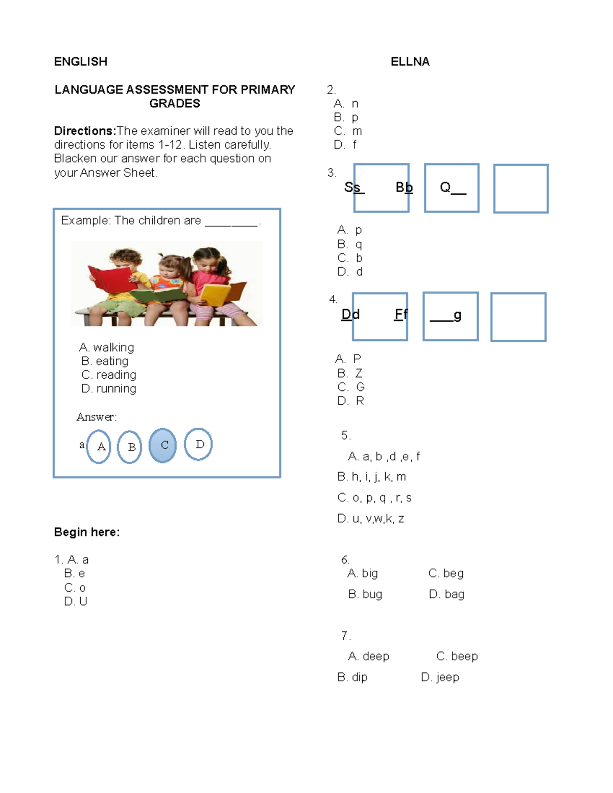 Ellna Reviewer-English - ENGLISH LANGUAGE ASSESSMENT FOR PRIMARY GRADES ...