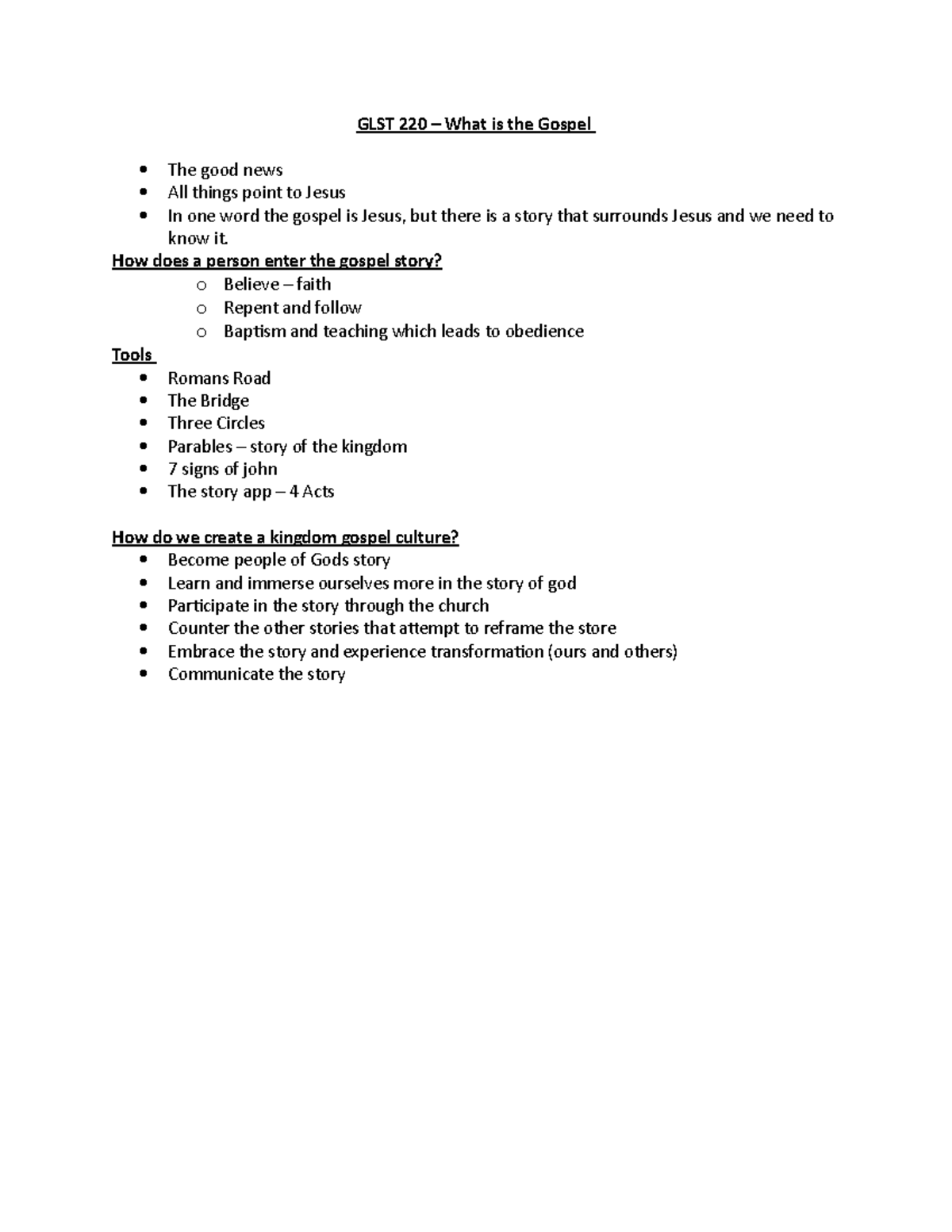 GLST 220 - Lecture notes 1-12 - GLST 220 – What is the Gospel The good ...