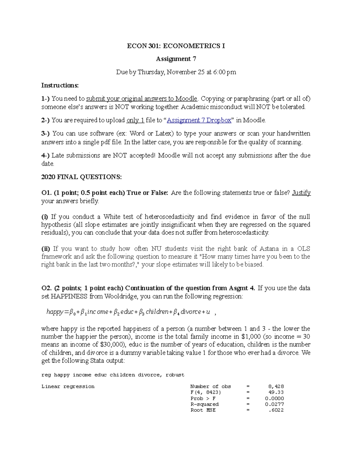 Assignment 7 Fall 2021 Problems only - ECON 301: ECONOMETRICS I Assignment 7 Due by Thursday ...