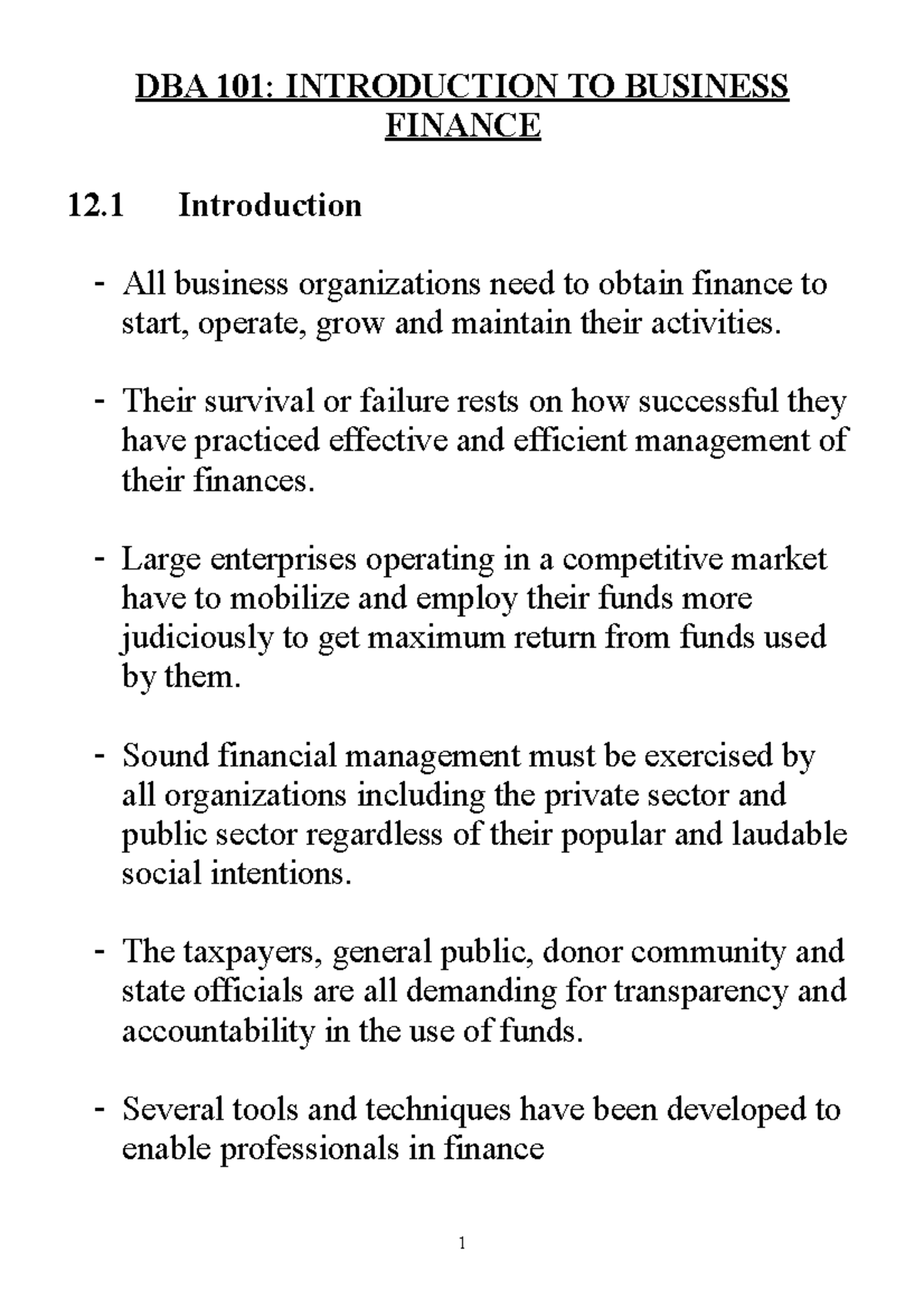 DBA 14 DBA 1 Introduction to business. It contains notes on the ...