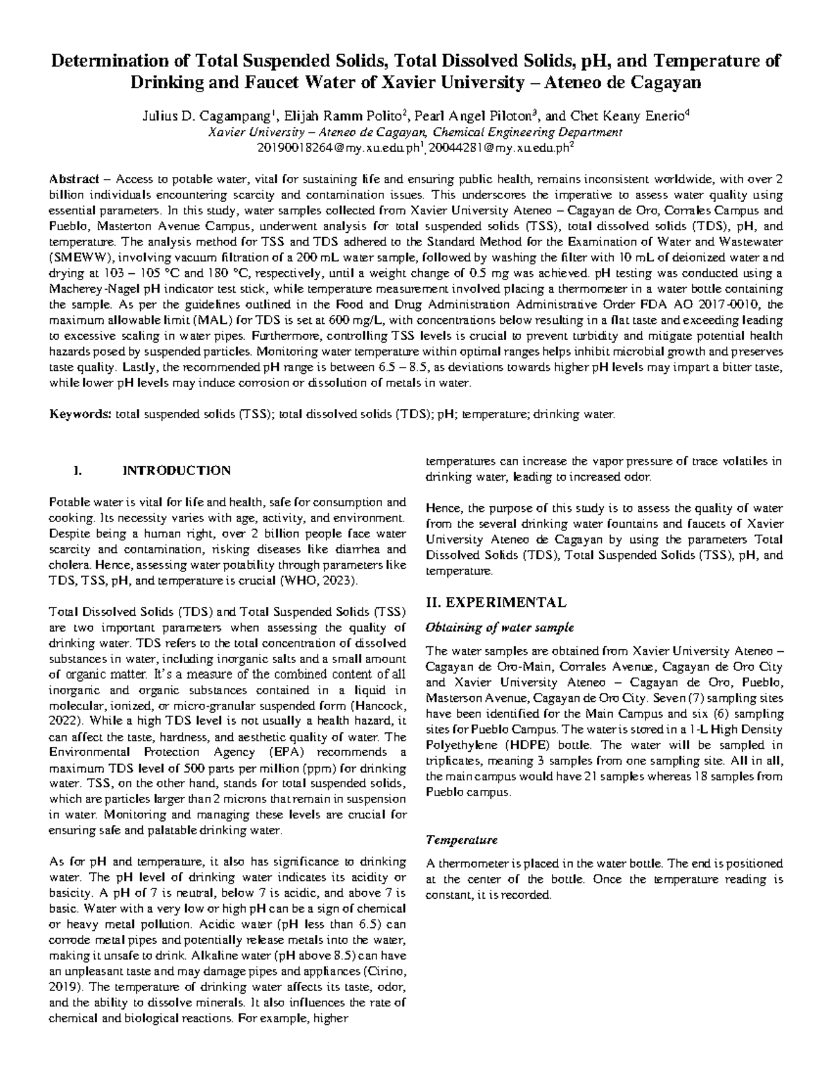 Determination of Total Suspended Solids, Total Dissolved Solids, p H ...