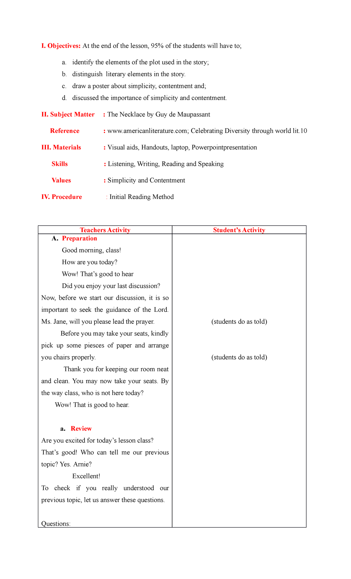 Initial Reading (The Necklace) - I. Objectives: At the end of the ...