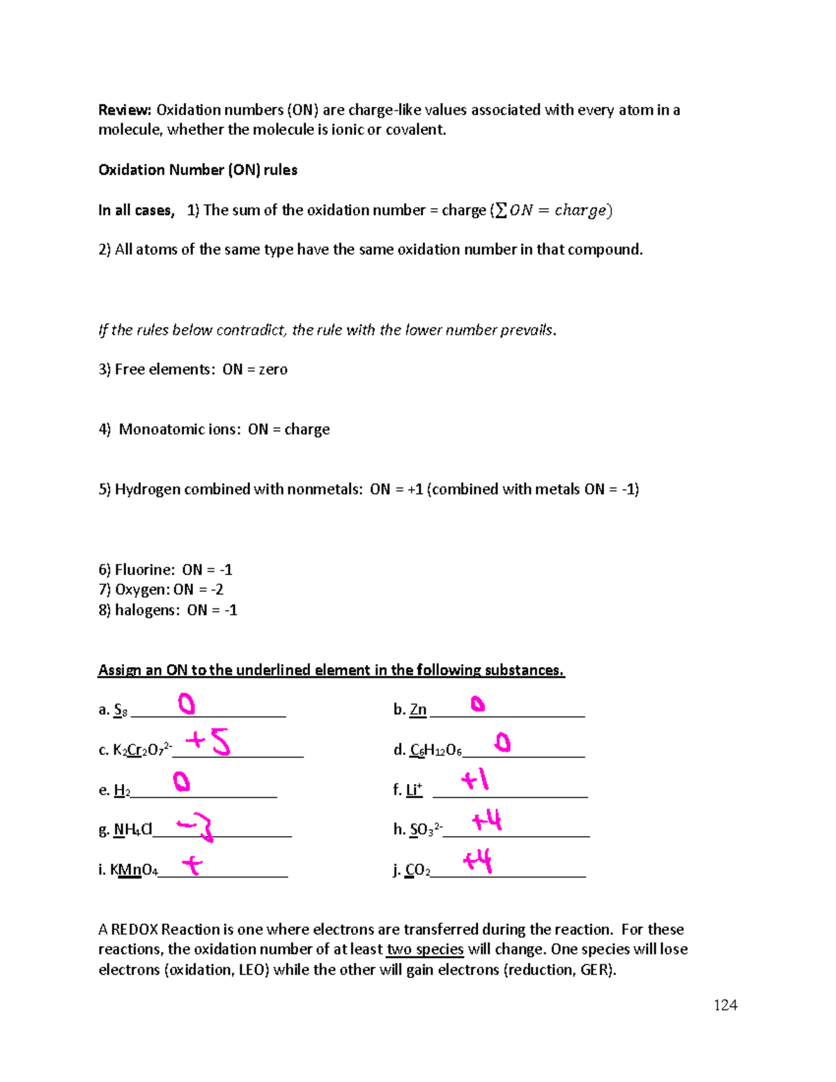 Electrochemistry - Dr. Angie Spencer notes - Review: Oxidation numbers ...
