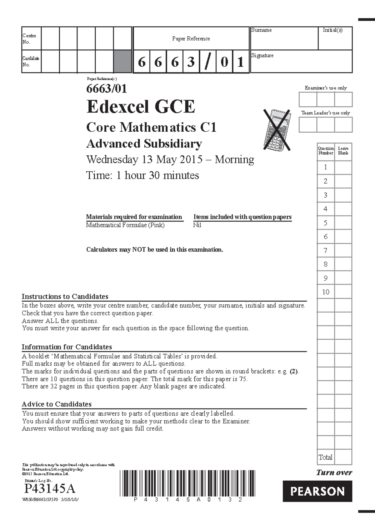 Practice paper C - Examiner’s use only Team Leader’s use only Surname ...