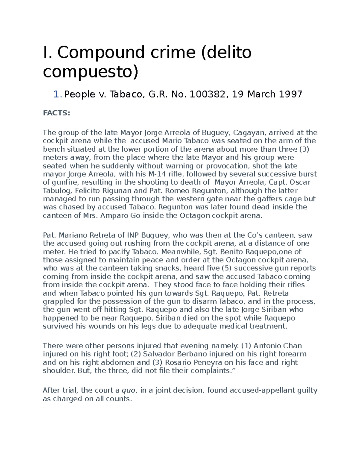 criminal law 1 case digest - I. Compound crime (delito compuesto) 1 v ...