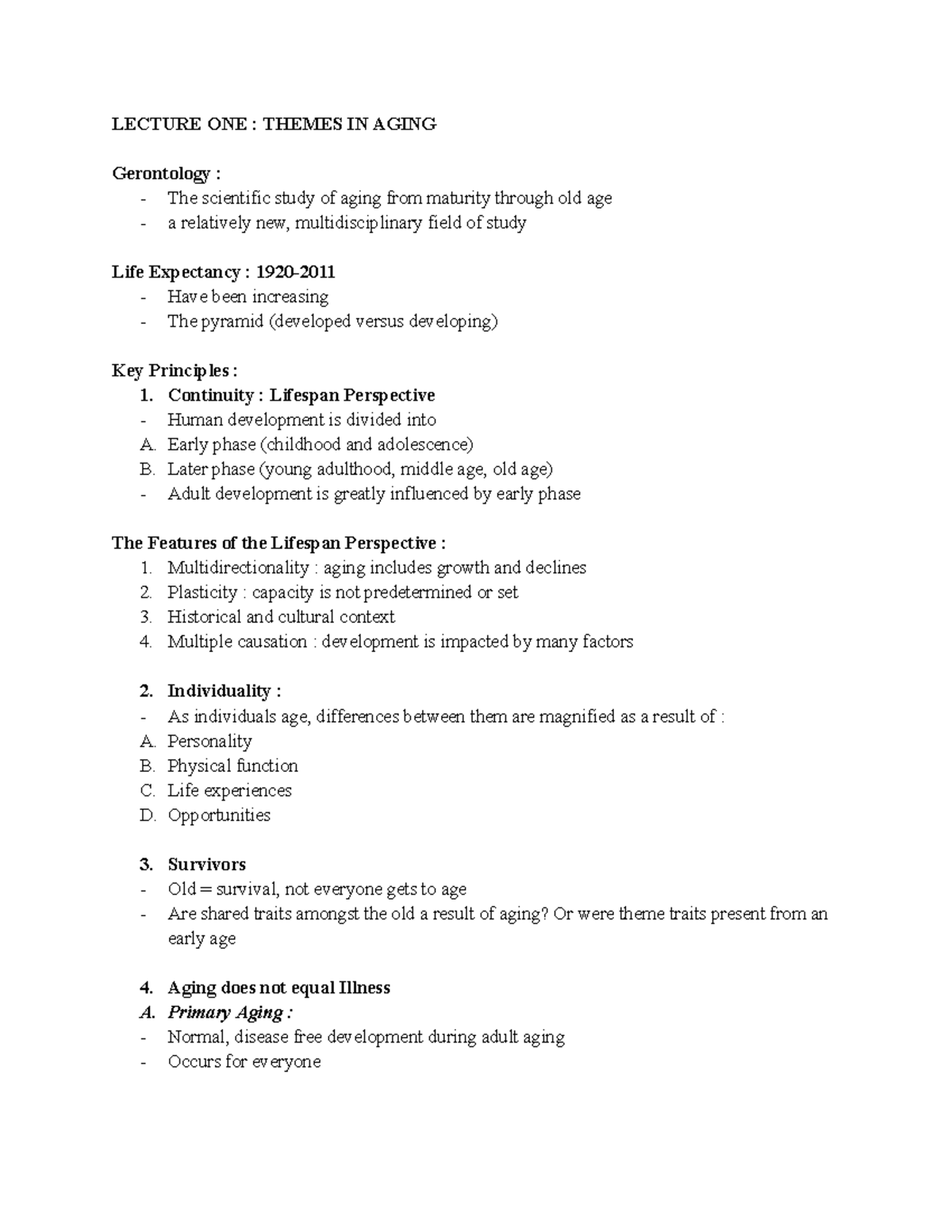 PSYC 322 006 WEEK ONE - NOTES - LECTURE ONE : THEMES IN AGING ...