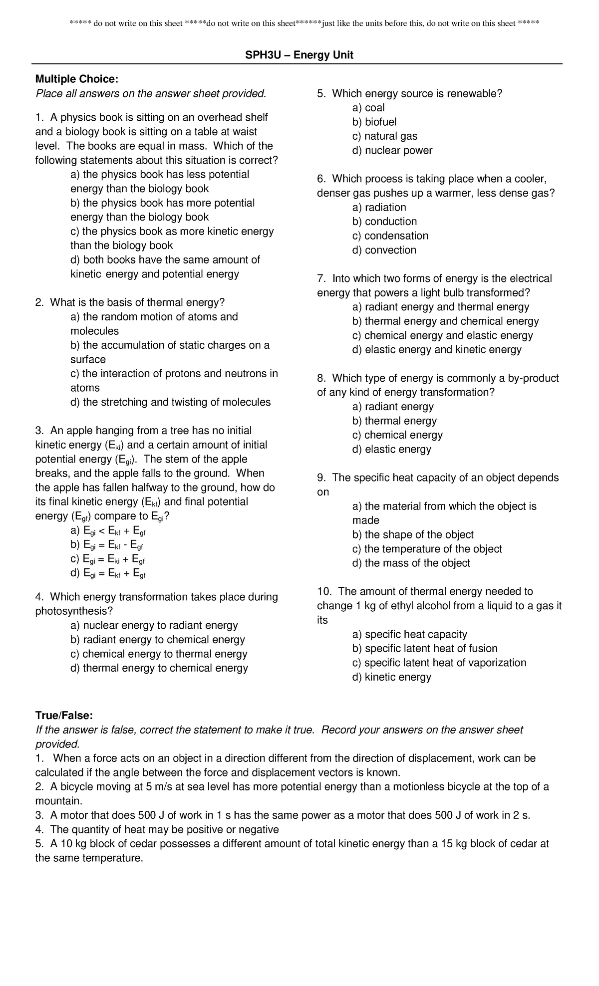 Energy Test 2014 - Studying PHY1010U Physics I - ***** do not write on ...