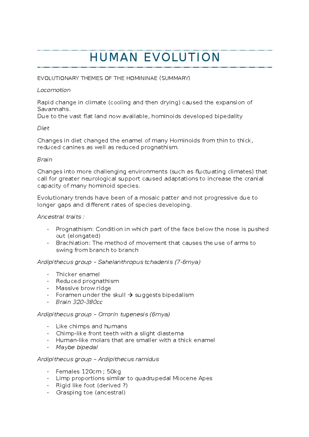 Human Evolution notes - HUMAN EVOLUTION EVOLUTIONARY THEMES OF THE ...