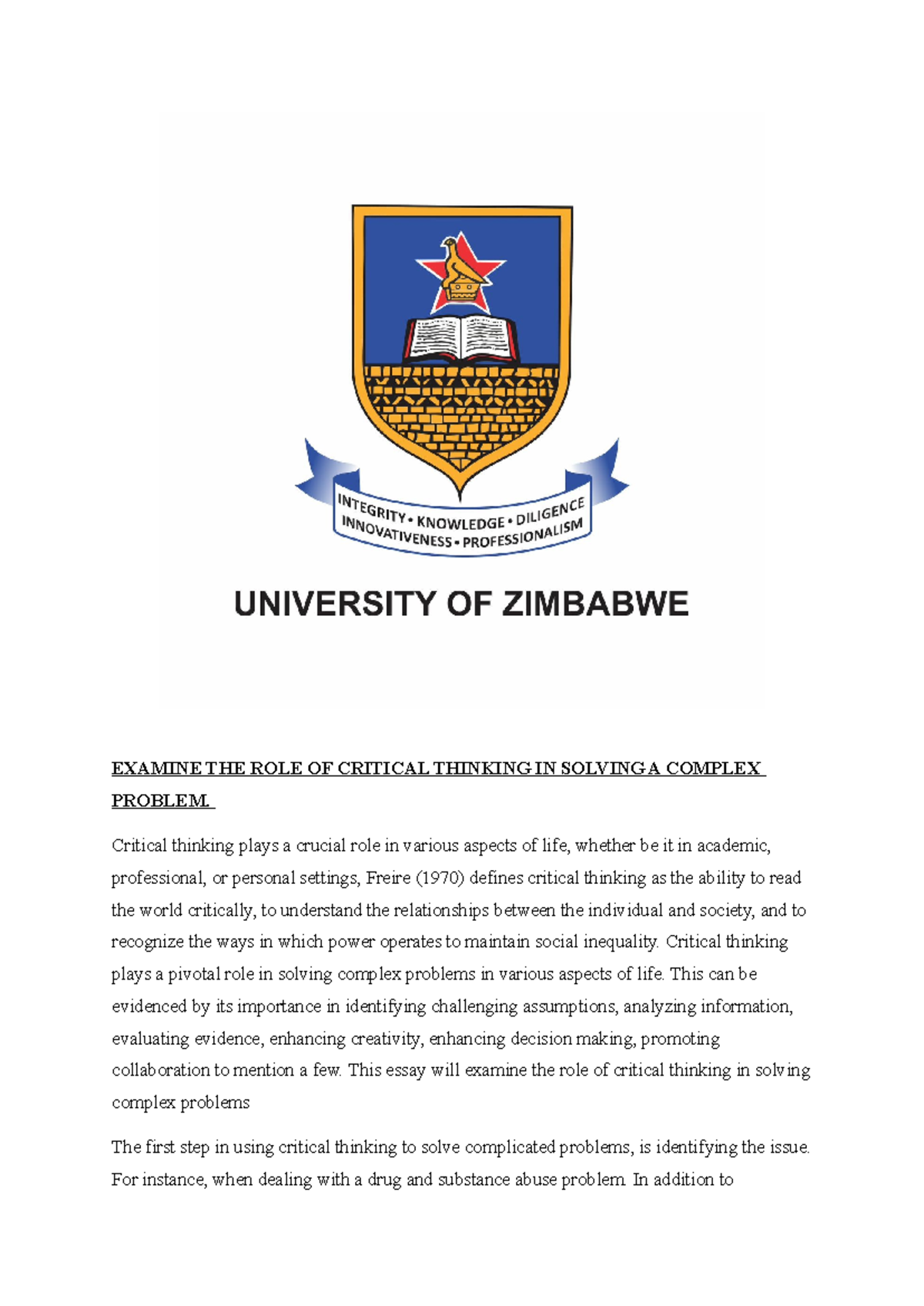Role of Critical thinking - EXAMINE THE ROLE OF CRITICAL THINKING IN ...