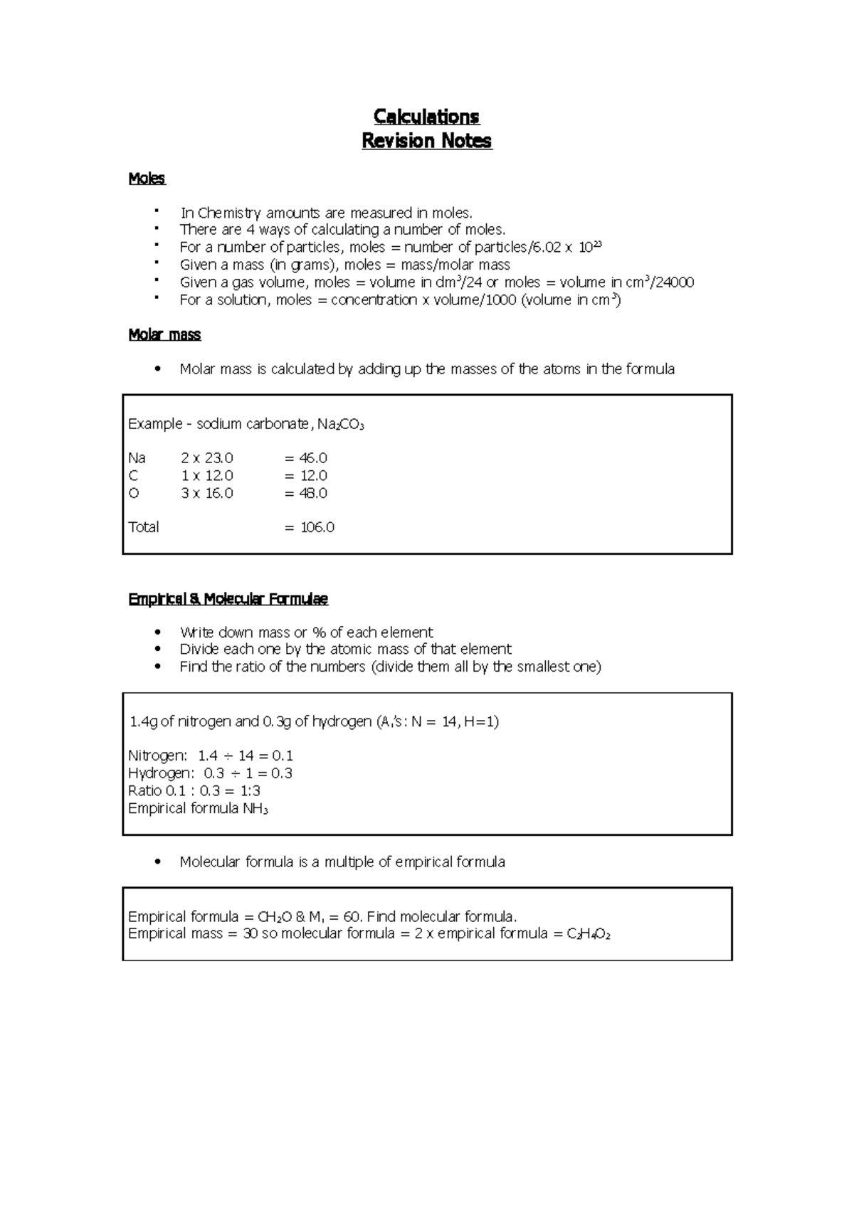 Mole calculations - 01 - Lecture Notes with Q&A - Ca lc ulations Revis ...
