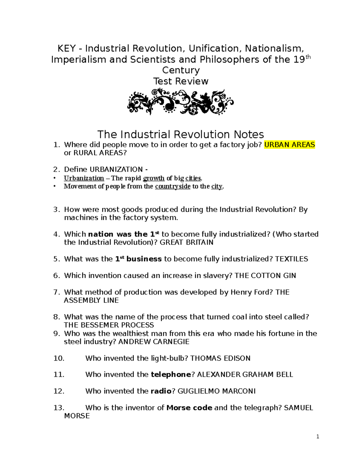 Keyreviewthemes to WWI - KEY - Industrial Revolution, Unification ...
