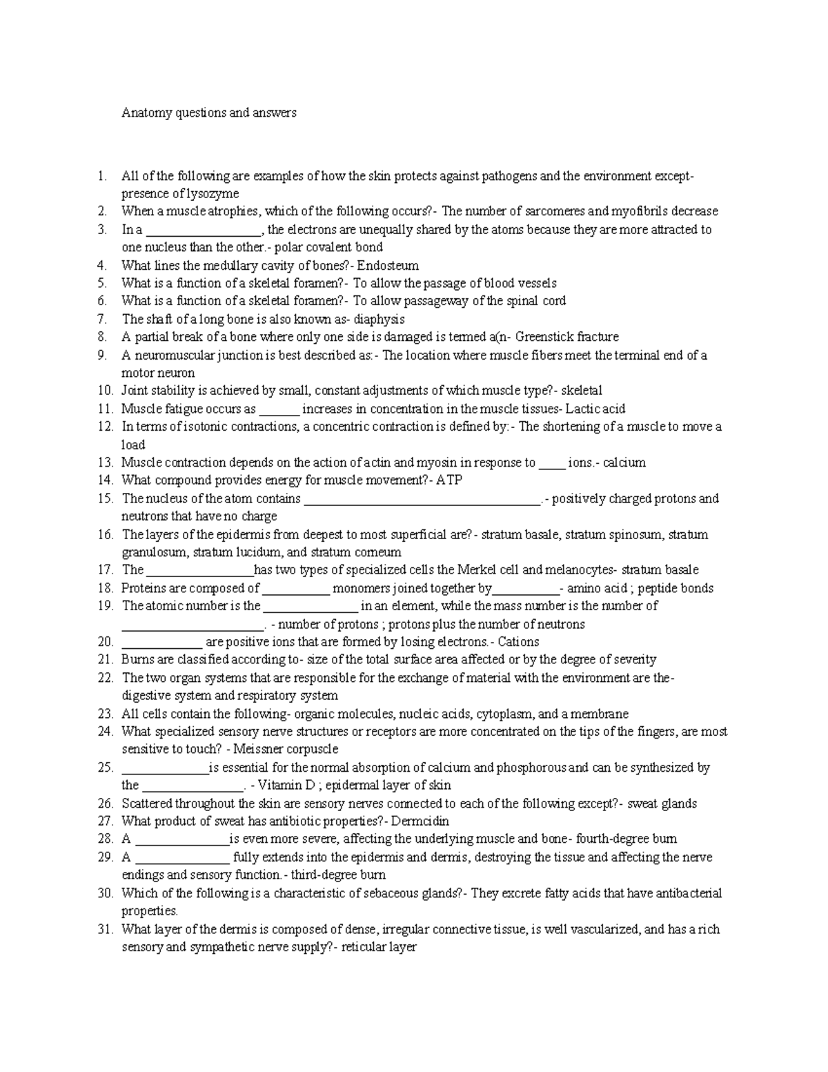Anatomy questions and answers - polar covalent bond What lines the ...