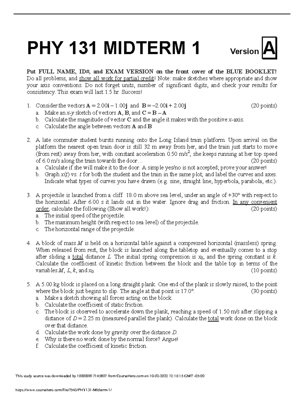 Phy131 F03 M1 Notes Phy 131 Midterm 1 Version A Put Full Name Id