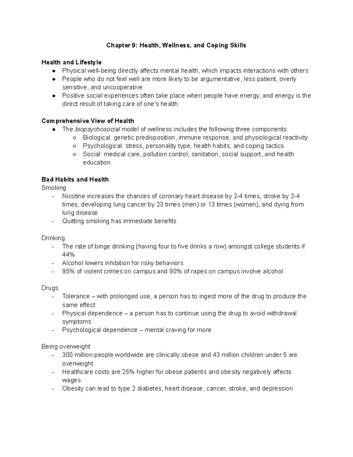 Chapter 9 Health, Wellness, and Coping Skills (notes) - Chapter 9 ...