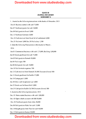 CBSE Class 11 Accountancy Journal Entries Worksheet - Journal Entries ...