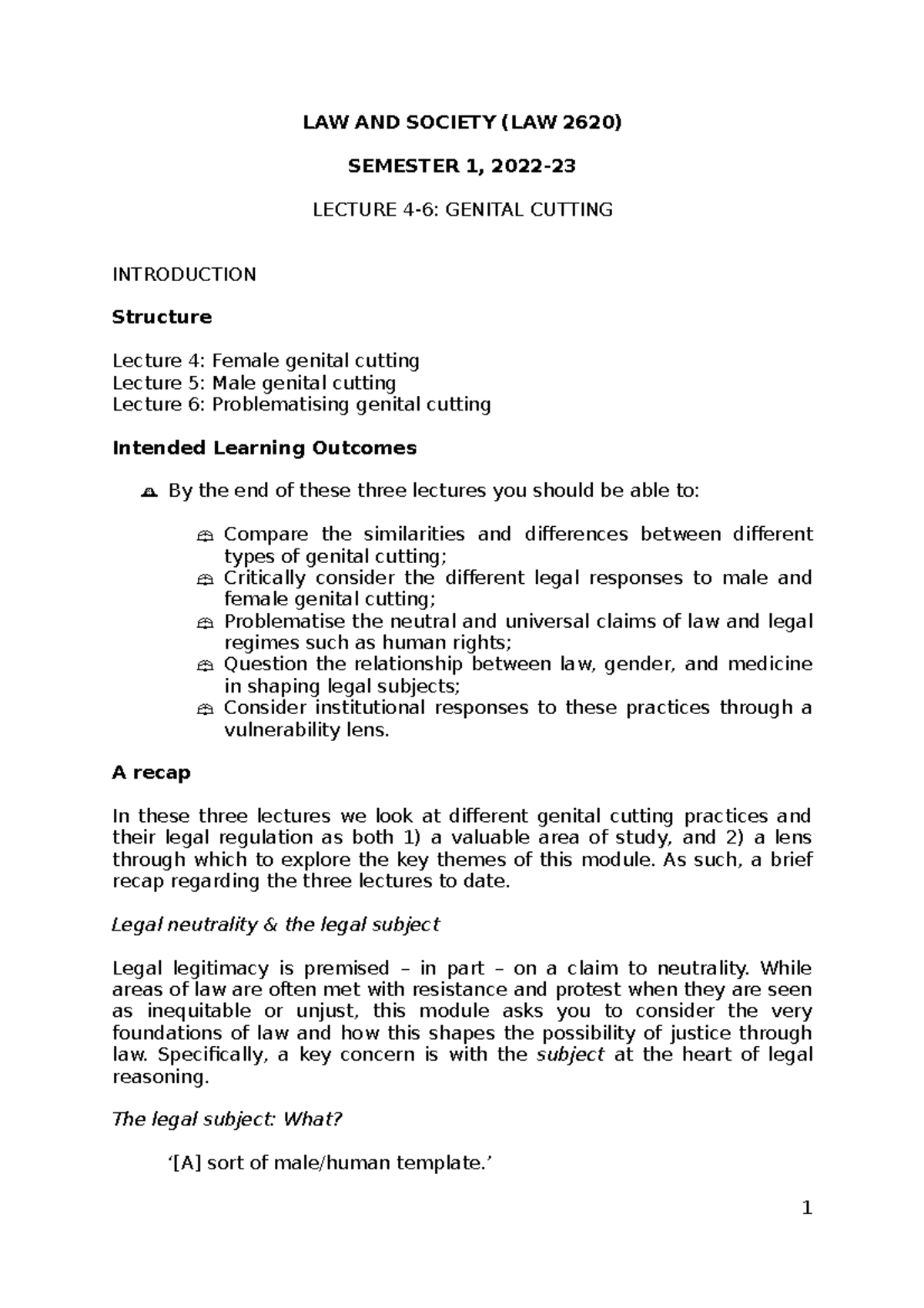 LAW AND Society Lectures 4-6 Handout 2022 - LAW AND SOCIETY (LAW 2620 ...