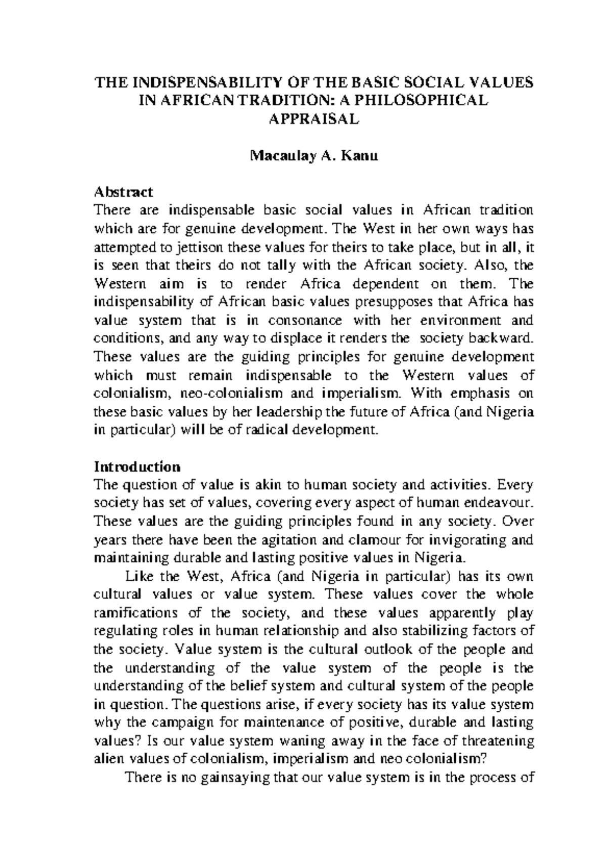 THE Indispensability OF THE Basic Social Values IN African Tradition- A ...