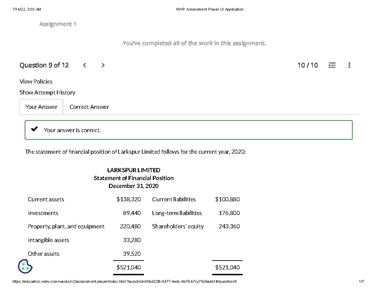 Wiley plus assignment 1, q9 - View Policies Show Attempt History Your ...