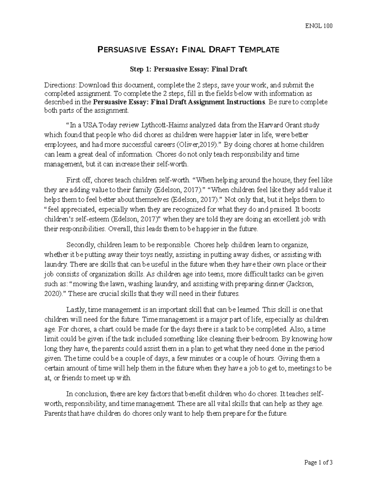 Persuasive Essay Final Draft Template - ENGL 100 PERSUASIVE ESSAY ...