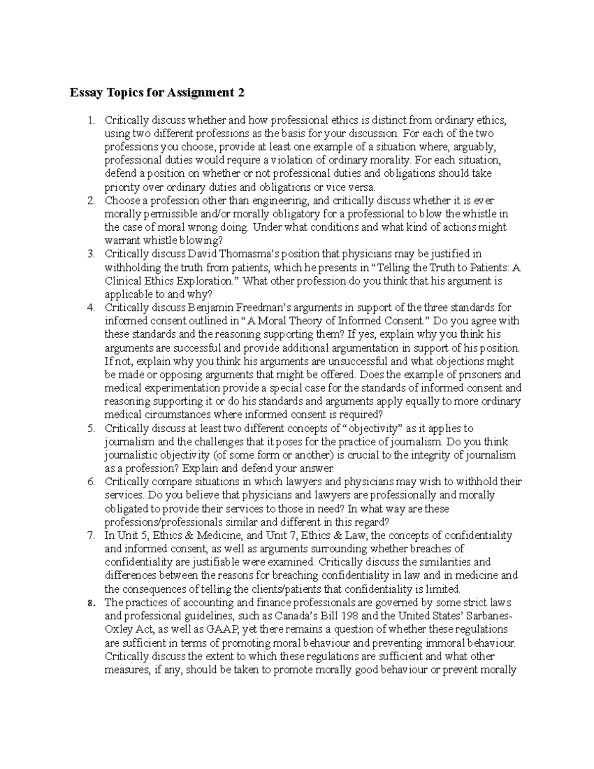 Essay Topics for Assignment 2 - Studocu