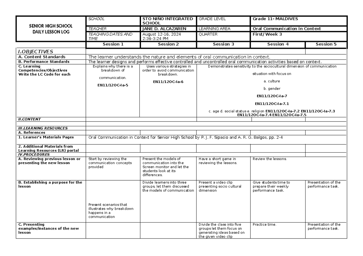 WEEK 3 - WEEK 3 - orAL COMMUNICATION IN CONTEXTS 11 WEEK 2 - SENIOR ...