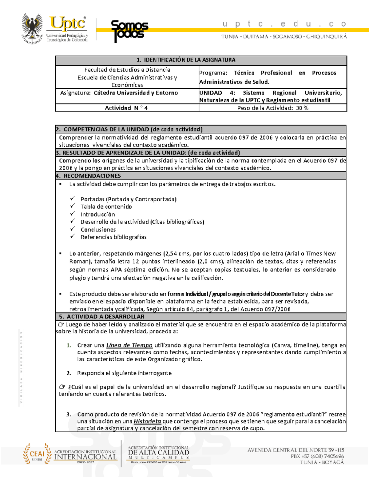 Actividad # 4 TPAS Cátedra Universidad y Entorno II-2023 - IDENTIFICACIÓN DE LA ASIGNATURA ...