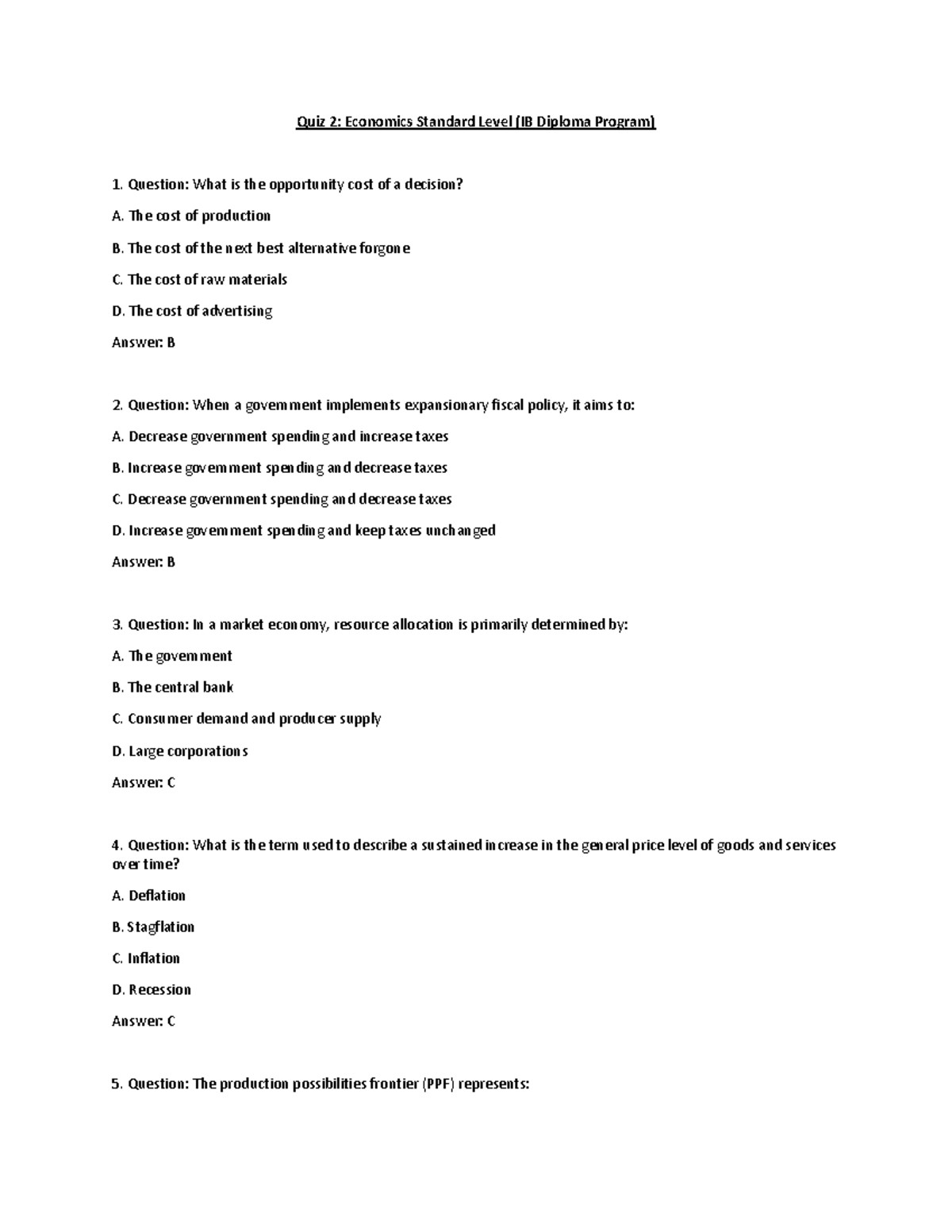 IB DP Economics Standard Level Class Quiz 2 - Economics SL - Studocu