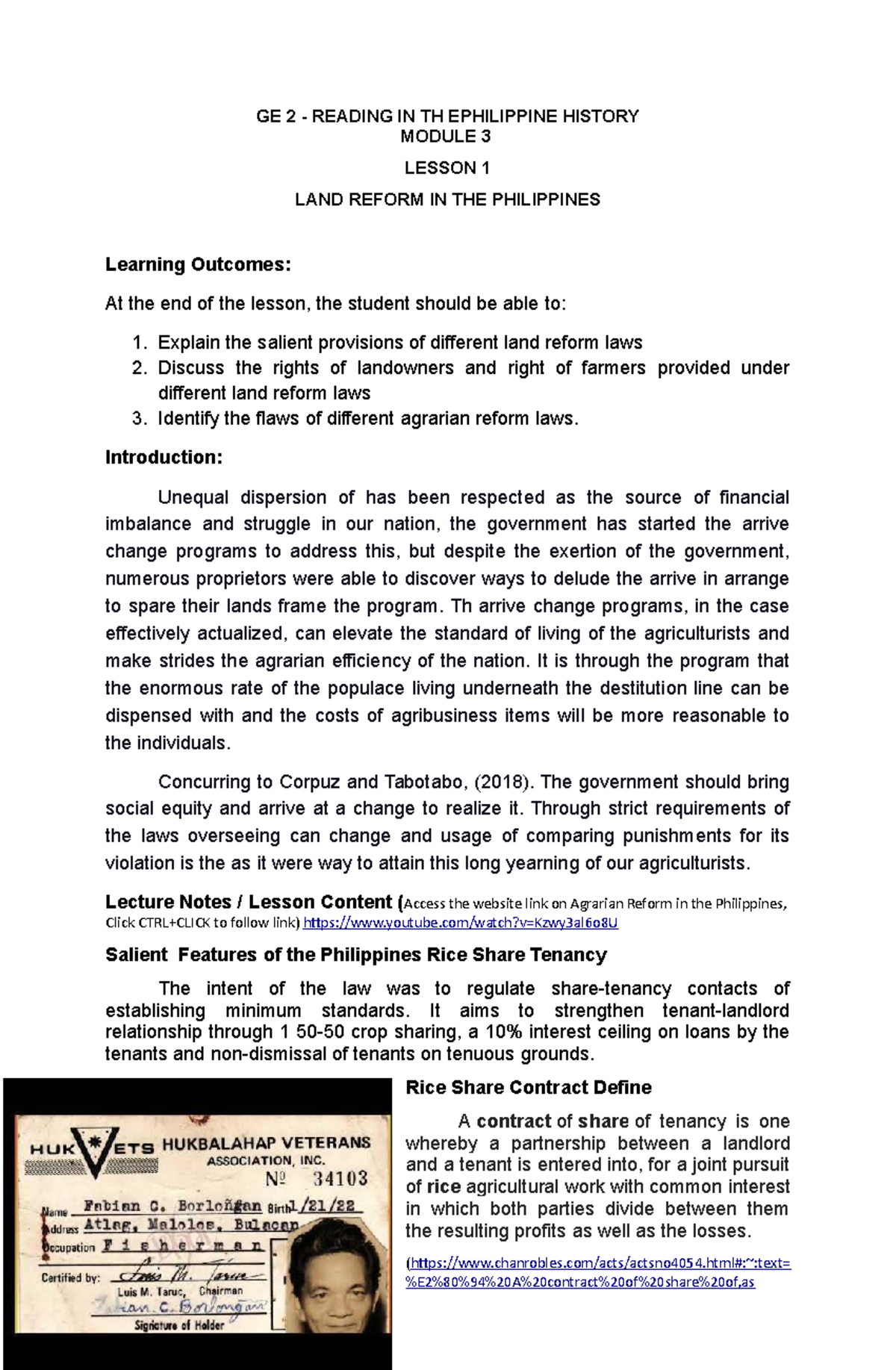 LAND Reform IN THE Philippines - GE 2 - READING IN TH EPHILIPPINE ...