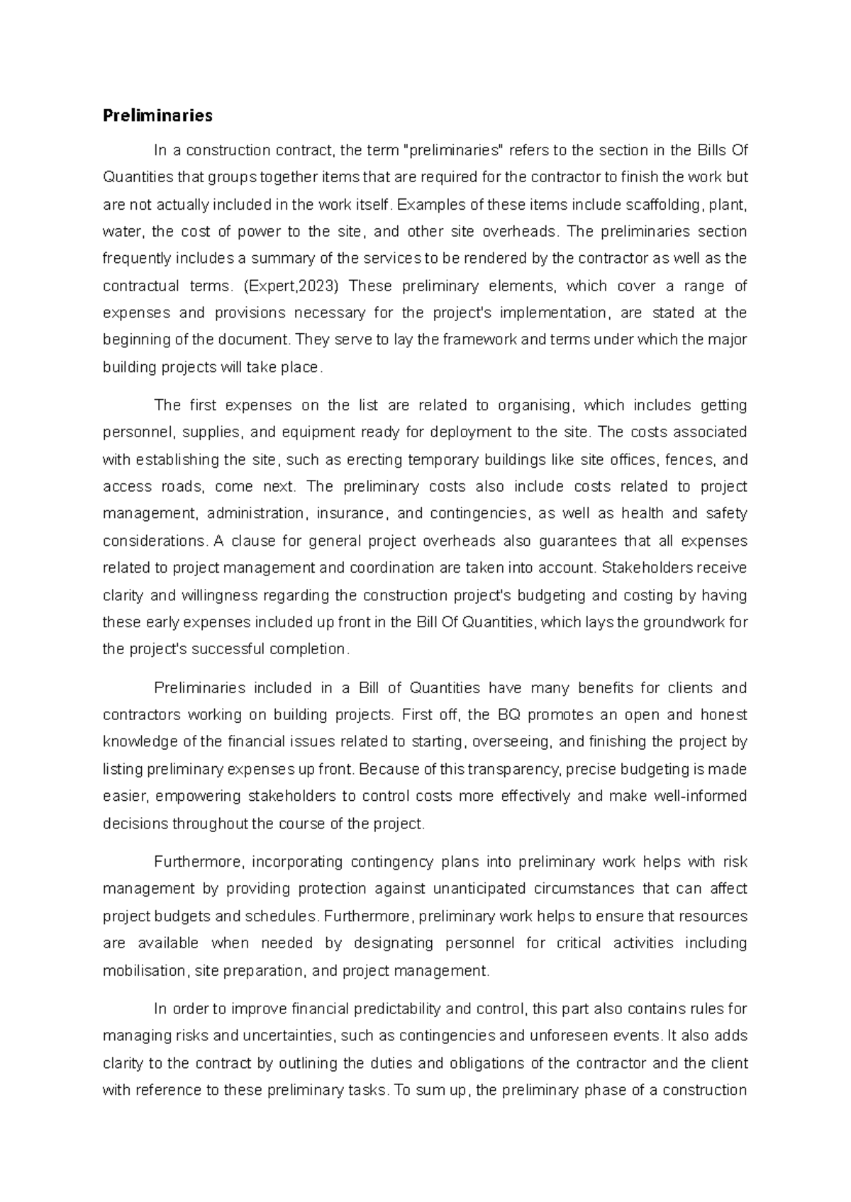 Preliminaries - LECTURE - Preliminaries In a construction contract, the ...