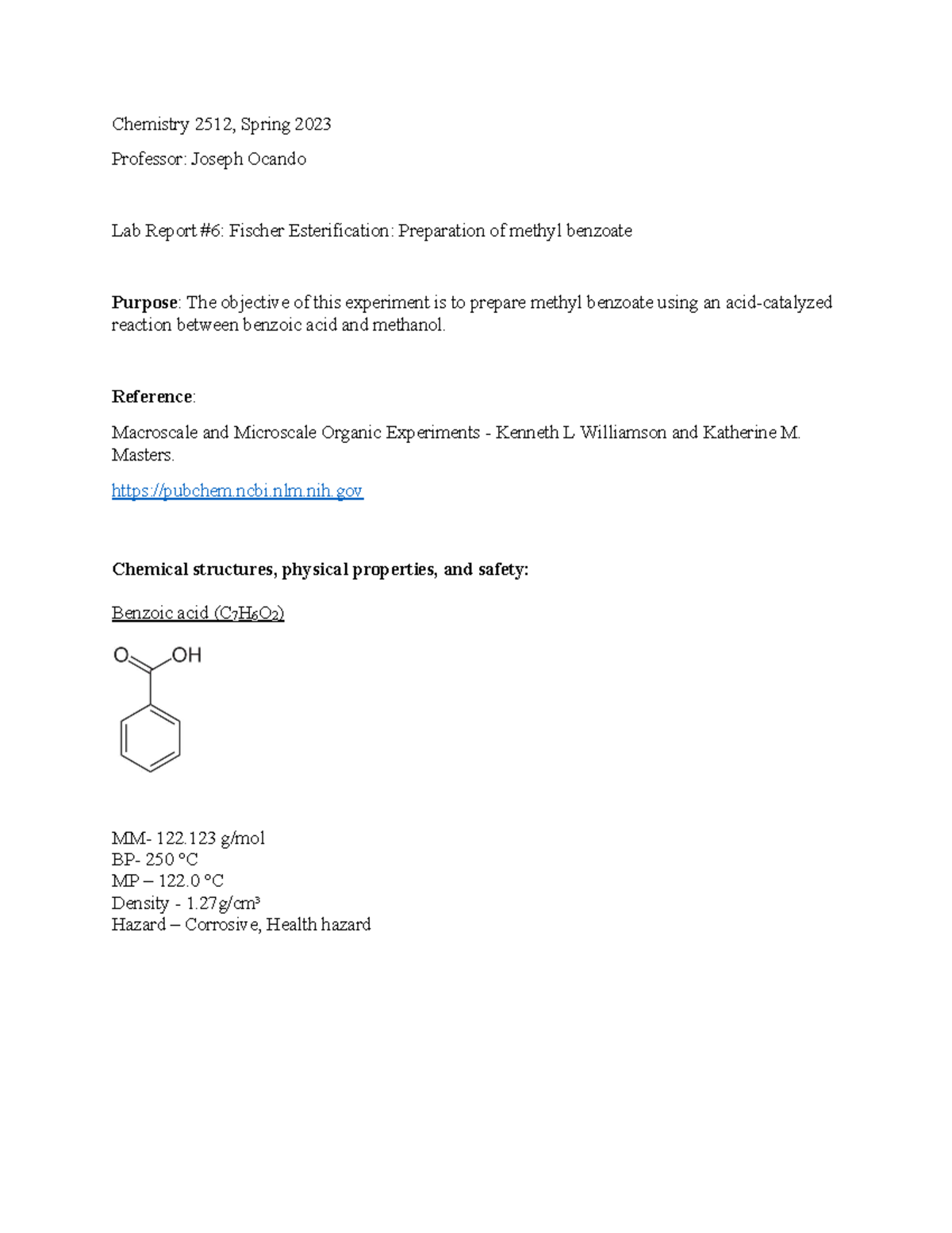 Organic Chemistry 2 Lab report 6 - Chemistry 2512, Spring 2023 Professor: Joseph Ocando Lab ...