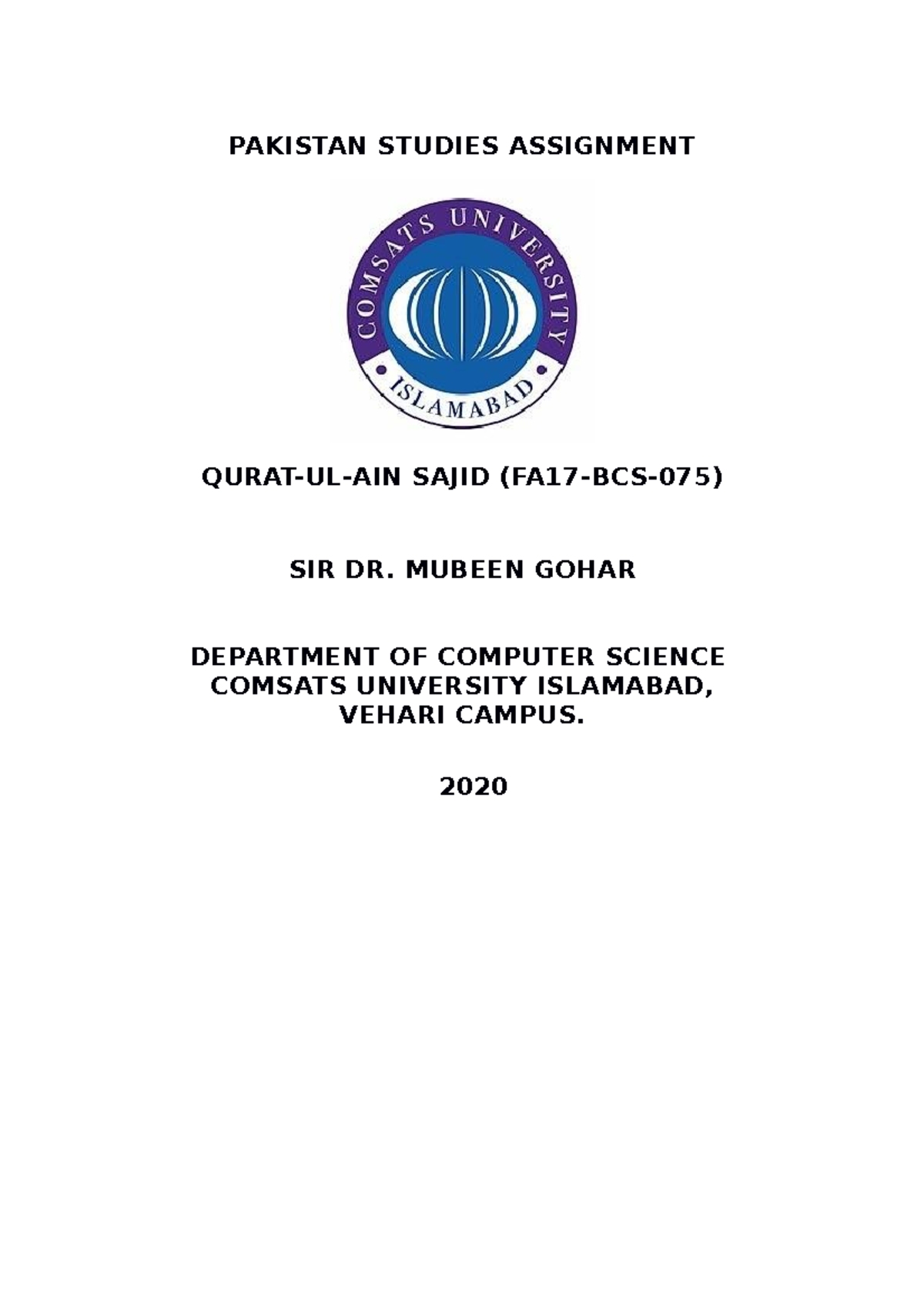 Assignment 2 Pak Study - PAKISTAN STUDIES ASSIGNMENT QURAT-UL-AIN SAJID ...