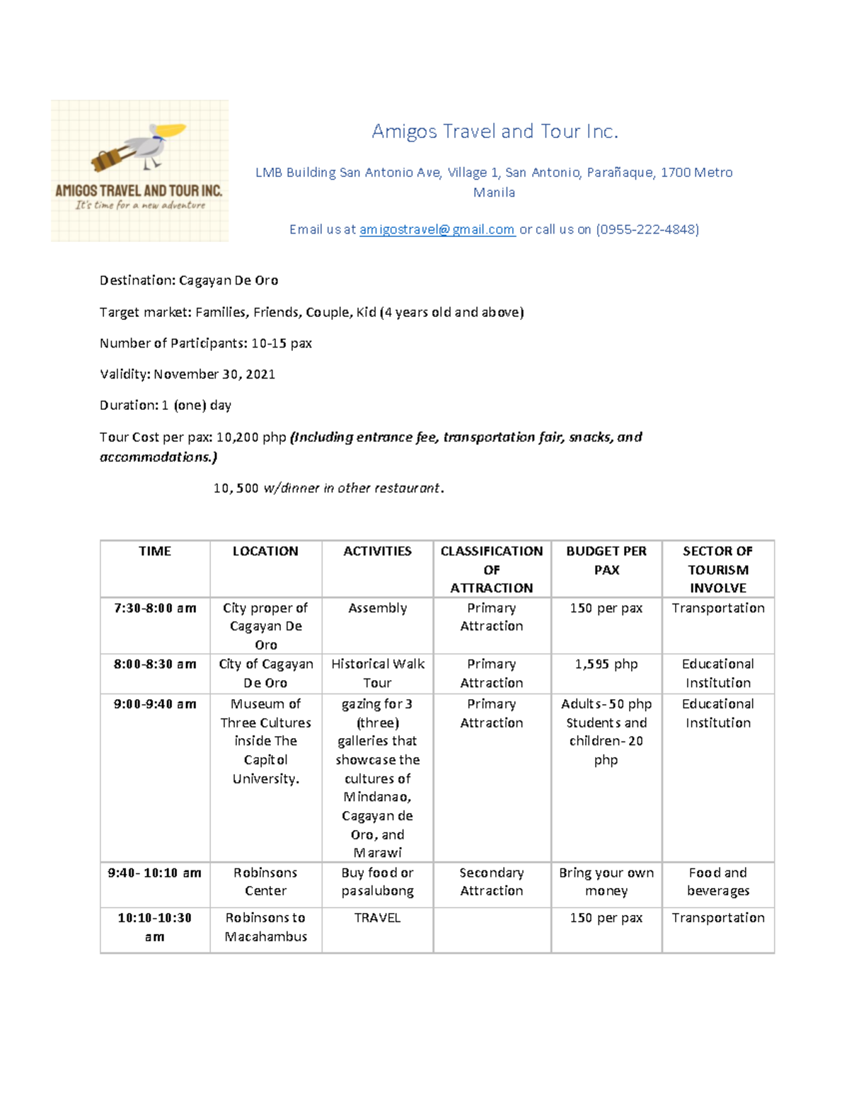 Final Itinerary CDO - Amigos Travel and Tour Inc. LMB Building San ...