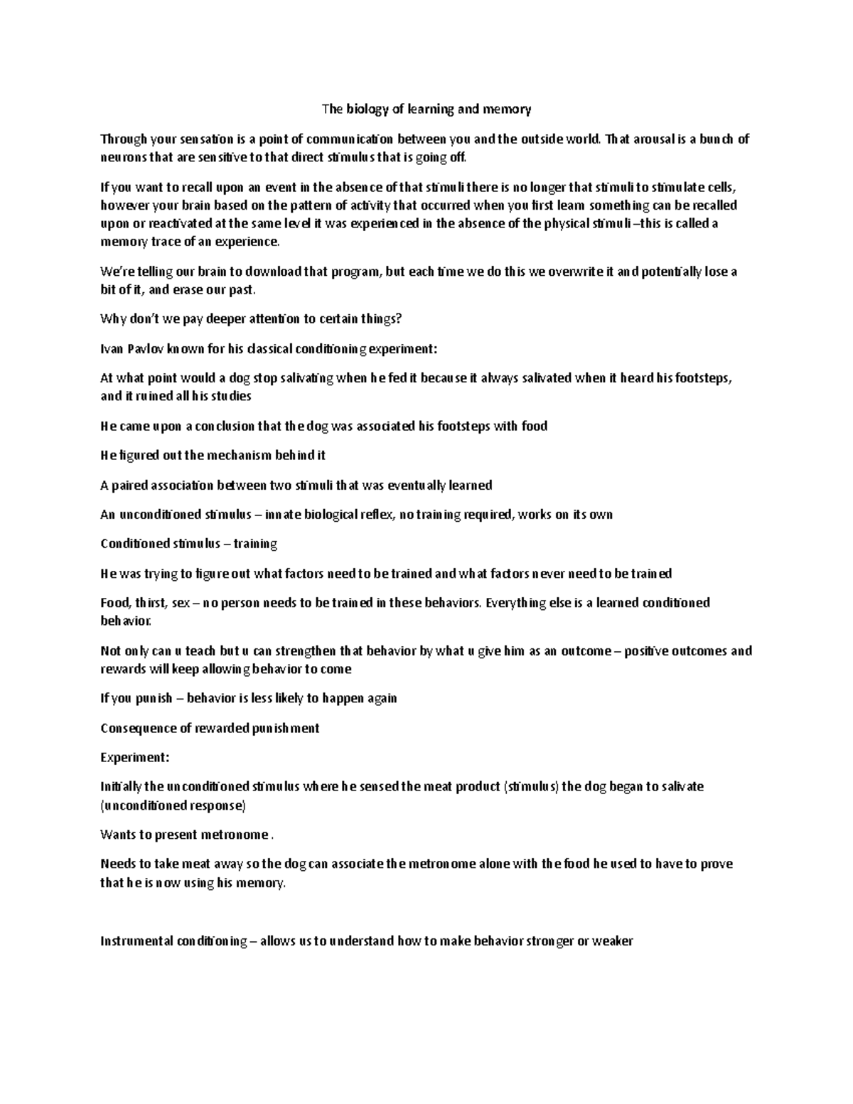 Psy 232 more learning and memory notes - The biology of learning and ...